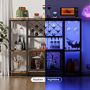 Hyomdeck Wine Bar Cabinet with LED Lights and Power Outlets, Industrial Coffee Bar Cabinet for Liquor and Glasses, Farmhouse Bar Cabinet with Freestanding Wine Racks for Kitchen/Dining, Rustic Brown