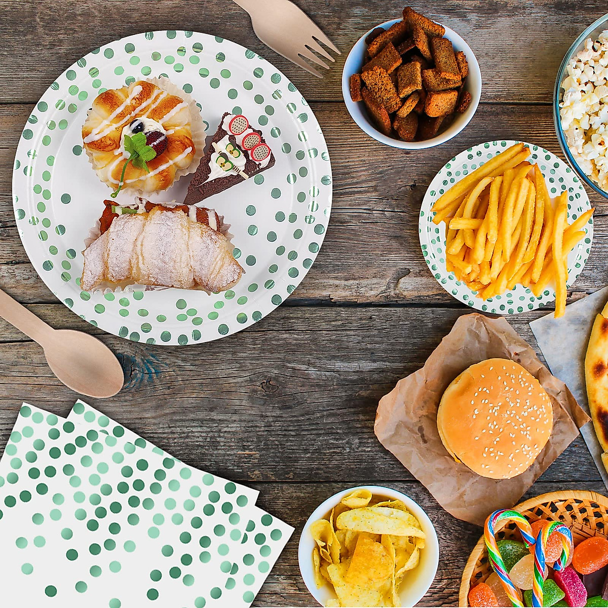 168PCS Green and Gold Party Supplies, Severs 24 Disposable Party Dinnerware Include Paper Party Plates, Cups, Napkins, Straw, Wooden Fork Spoon for Wedding, Birthday Party, Birthday Baby Shower