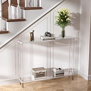 CRTERICX Acrylic Narrow Console Table for Entryway, 7.6" D x 39.4" W x 31.5" H, Cylindrical Legs, Skinny Entry Table for Sofa, Foyer, Hallway, Living Room, Modern, 2-Tier, Clear