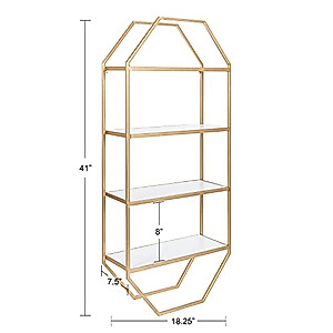 Kate and Laurel Adela Modern Octagon Wall Shelf, 18.25 x 7.5 x 41, White and Gold, Glam 4-Tier Shelf for Storage and Display