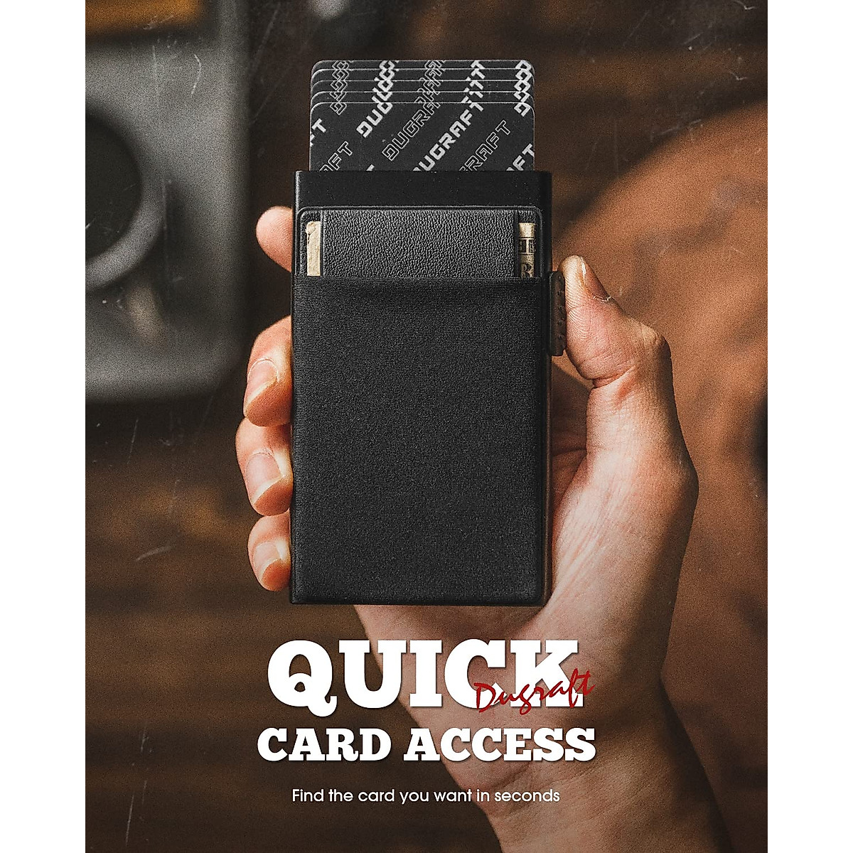 DUGRAFT Credit Card Holder with Money Pocket Mens Minimalist Slim Aluminum Metal Pop Up Wallet for Men RFID Blocking Business Card Holder with Gift Box, Holds 5-7 Cards and Cash, Black