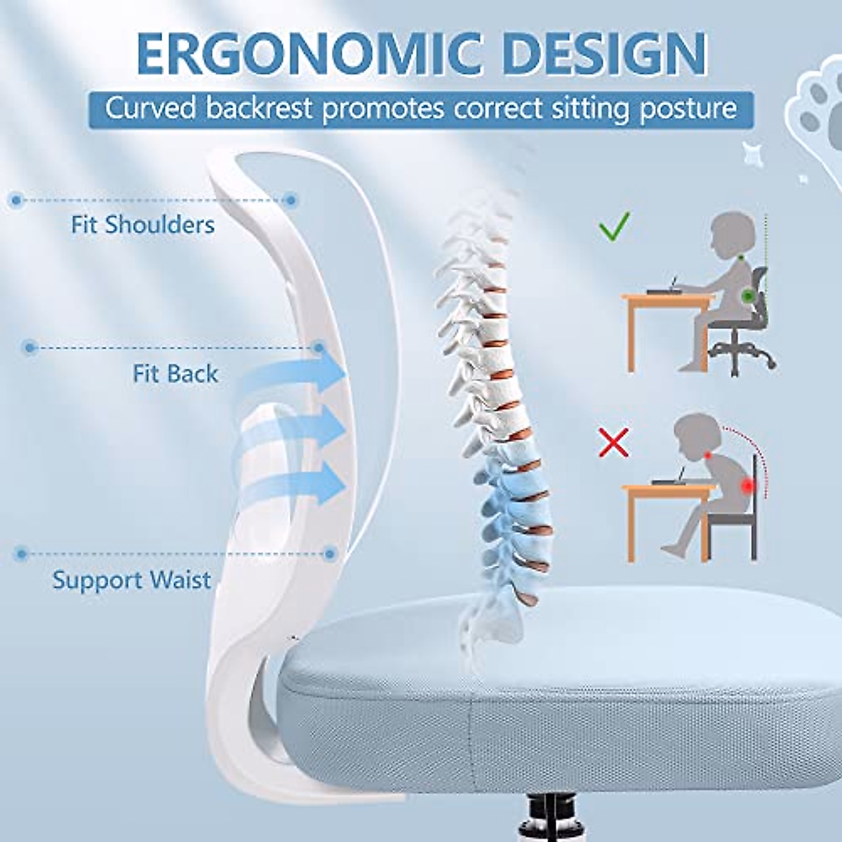 Primy Kids Desk Chair, Ergonomic Children Study Computer Chair Adjustable, Breathable Mesh Office Chair with Wheels, Armless Rolling Swivel School Task Chair for Boys Girls Age 4-12 in Home Bedroom