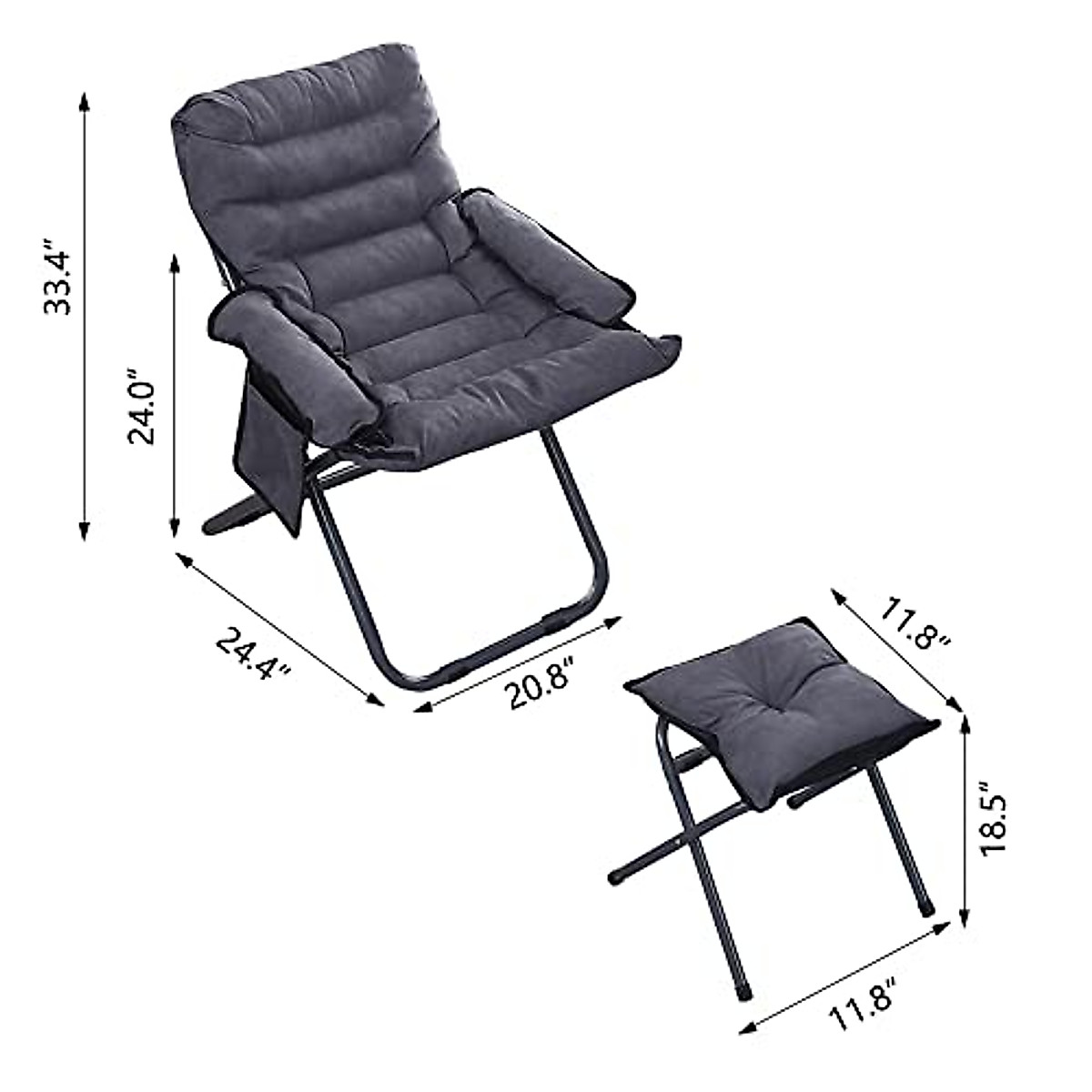Faytn Living Room Lazy Chair with Ottoman, Foldable Lounge Reclining Armchair Comfy Chair with Side Pocket Footrest for Bedroom/Office/Hosting, Grey