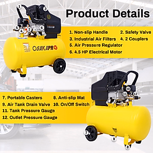 WIILAYOK 13 Gallon Air Compressor, 4.5HP 6.5CFM 115PSI, Portable Air Compressor for Inflation, Car Repair, Spray Painting, Woodwork Nailing