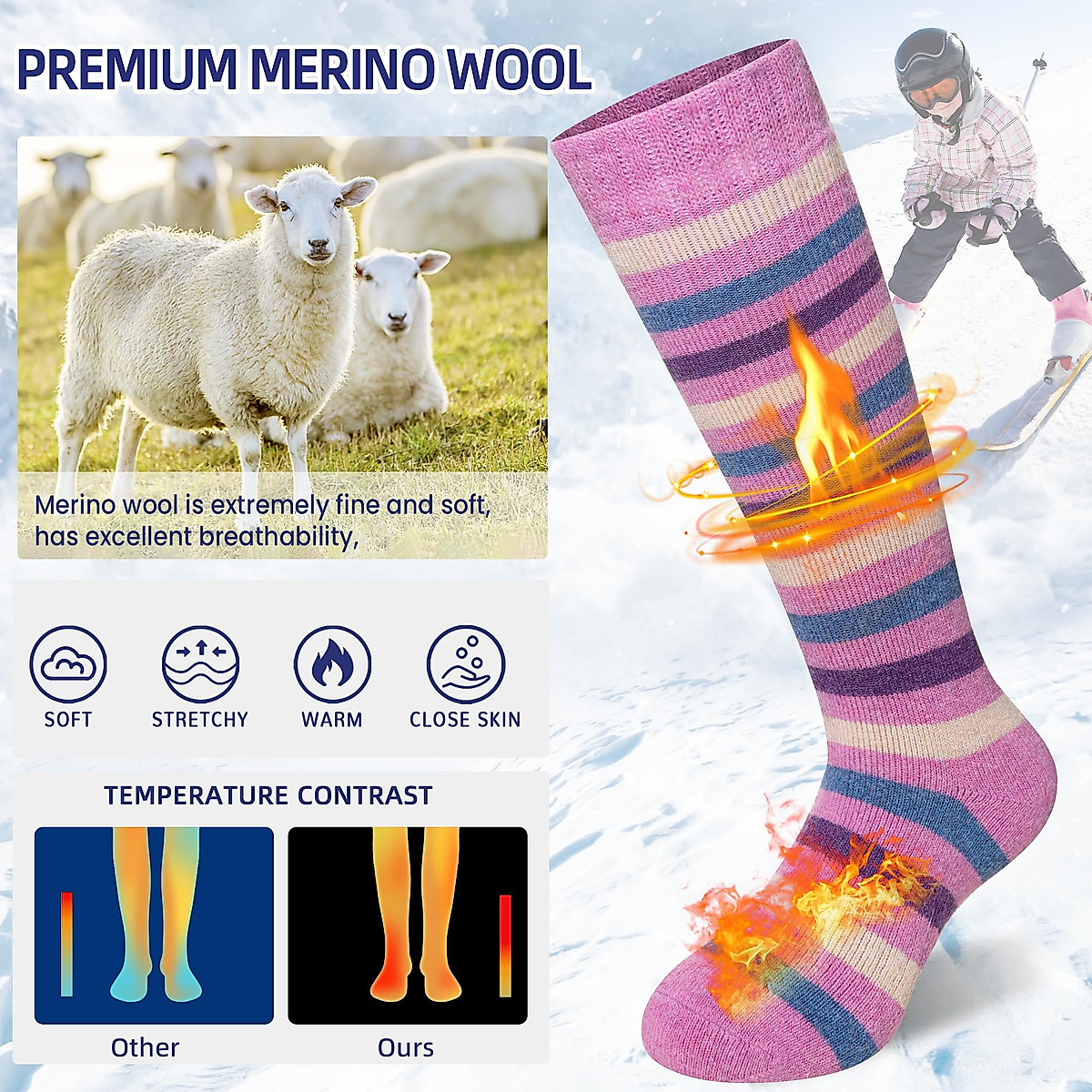 Kids Ski Socks Merino Wool Winter Warm Thermal Hiking Snowboarding Knee High Heavy Boot Socks for Toddler Boys Girls 2 Pairs(Stripe-01, 4-7 Years)