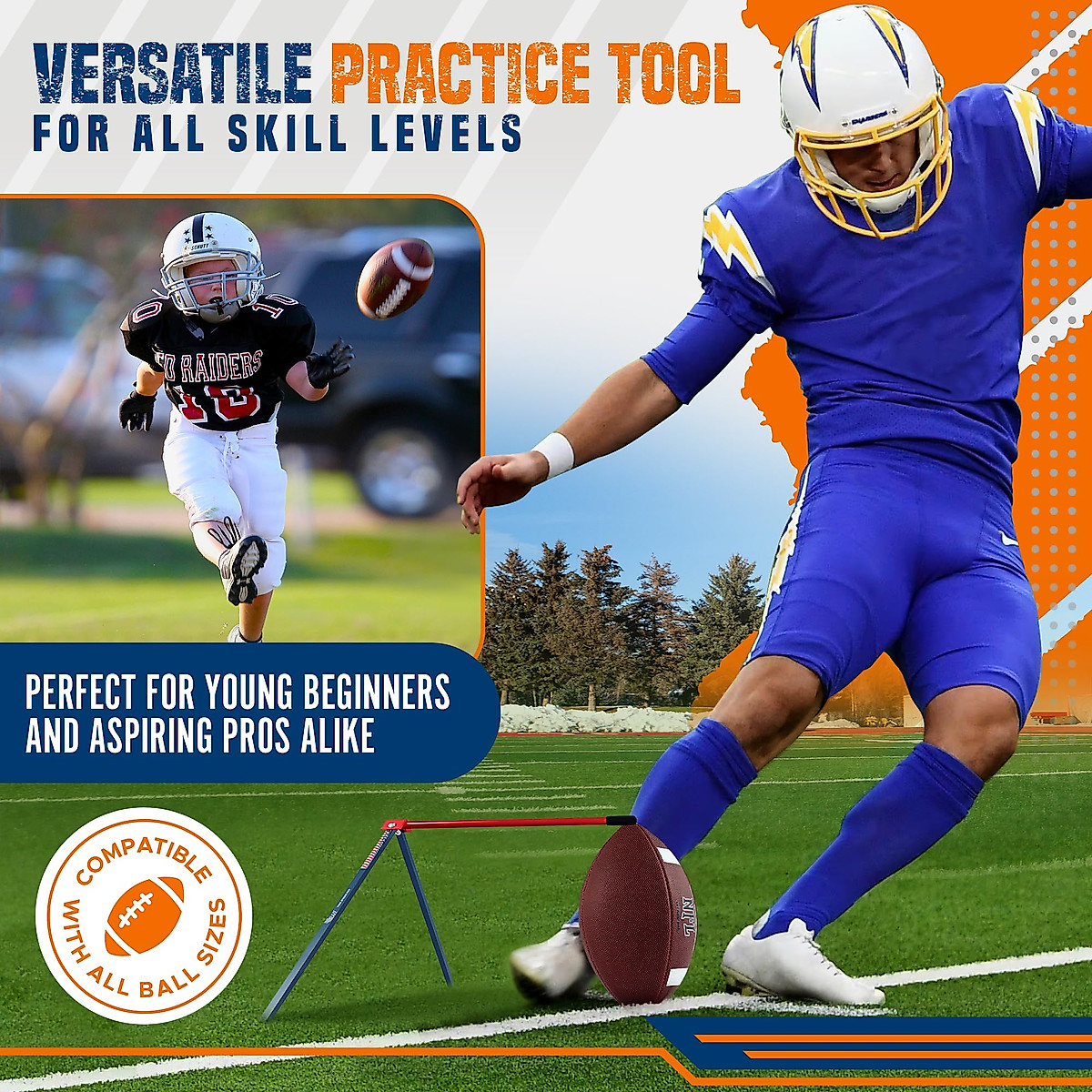 True Strike Pro Football Kicking Tee - Ultimate Football Tee Compatible with All Ball Sizes, Bonus Goal Kicking Tracker, Field Goal Football Holder
