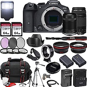 Canon EOS R7 Mirrorless Camera w/RF-S 18-150mm f/3.5-6.3 is STM Lens + EF 75-300mm f/4-5.6 III Lens + 2X 64GB Memory + Hood + Case + Filters + Tripod & More (35pc Bundle)