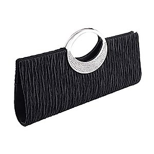 U-Story Elegant Evening Rhinestone Satin Pleated Wedding Party Clutch Purse Handbag (Black)