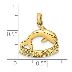Solid 14k Yellow Gold 2-D CURACAO Under Dolphin Charm Souvenir Pendant - 20mm x 18mm