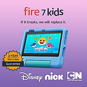 Amazon Fire 7 Kids tablet (newest model) ages 3-7. Top-selling 7" kids tablet on Amazon. Includes 6 months of ad-free and exclusive content, easy parental controls, 10-hr battery, 16 GB, Blue