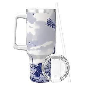 Xiexide 40oz Stainless Steel Gifts Vintage Blue Nederland Dutch Windmill Country Double Walled Vacuum Insulatedith Handle And Straw,Hot & Cold Drinks