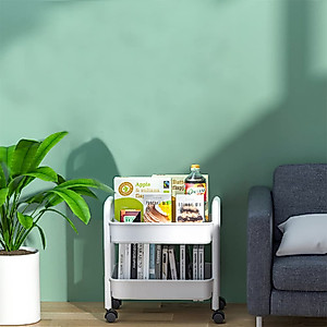 2-Tier Utility Rolling Cart Storage Organizer Sofa Side Table with Wheels, Under Desk Mobile Trolley Organizer with Handle for Office Home Kitchen Organization, White