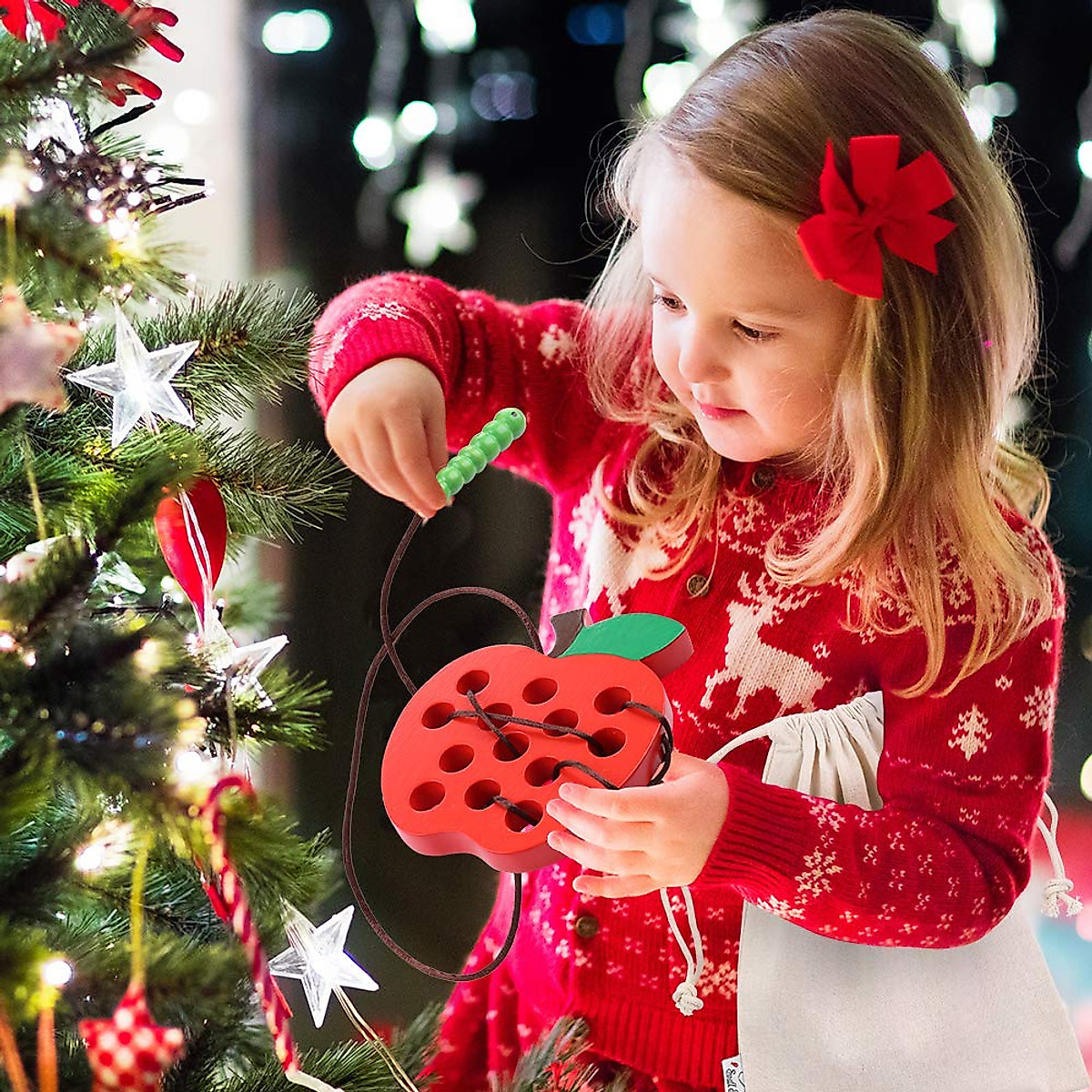 Lacing Toy for Toddlers, Fine Motor Skill Toys for 3 Year Old, Educational Learning Montessori Activity for Baby Kids, Car Plane Travel Games, Wooden Threading Toys 1 Apple,1 Watermelon, 1 Cheese.