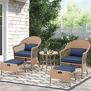 ECOTOUGE 5-Piece Patio Furniture Set, Outdoor Wicker Conversation Bistro Set with Glass Tempered Coffee Table, 2 Rattan Curved Armchairs, 2 Footrests for Porch, Backyard, Balcony, Blue
