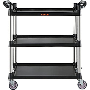 VEVOR Utility Service Cart, 3 Shelf Heavy Duty 154LBS Food Service Cart, Rolling Utility Cart with Lockable Wheels, 32.7" x 15.7" x 37.4" Plastic Utility Cart for Kitchen Office Restaurant Home, Black