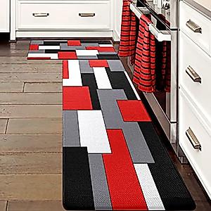 FNLNDO Red Black Grey White Kitchen Rugs and Mats Set of 2 Cushioned Anti Fatigue Kitchen Rugs Set Geometric Non-Skid Washable Kitchen Mats for Kitchen Sink Laundry