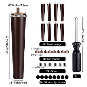 TURSTIN 8 Pieces Furniture Legs 10 Inches Round Solid Wood Furniture Feet Couch Legs Sofa Legs Replacement Legs for Armchair, Cabinet, Chair, Dresser or Home DIY Projects, Brown