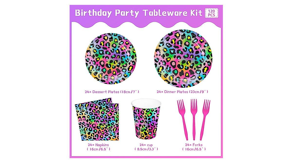 XIENBLOC Neon Rainbow Leopard Party Supplies for 24 Guests