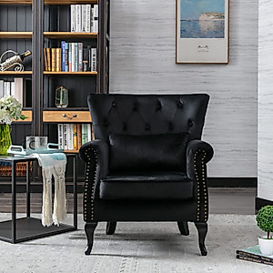 LZAREAL Accent Reading Arm Chairs Set of 2 for Living Room Bedroom, Midcentury Modern Comfy Corner Sofa Chair, Wingback Waiting Room Club Chair with Button Tufted Back &Lumbar Pillow, Velvet Black