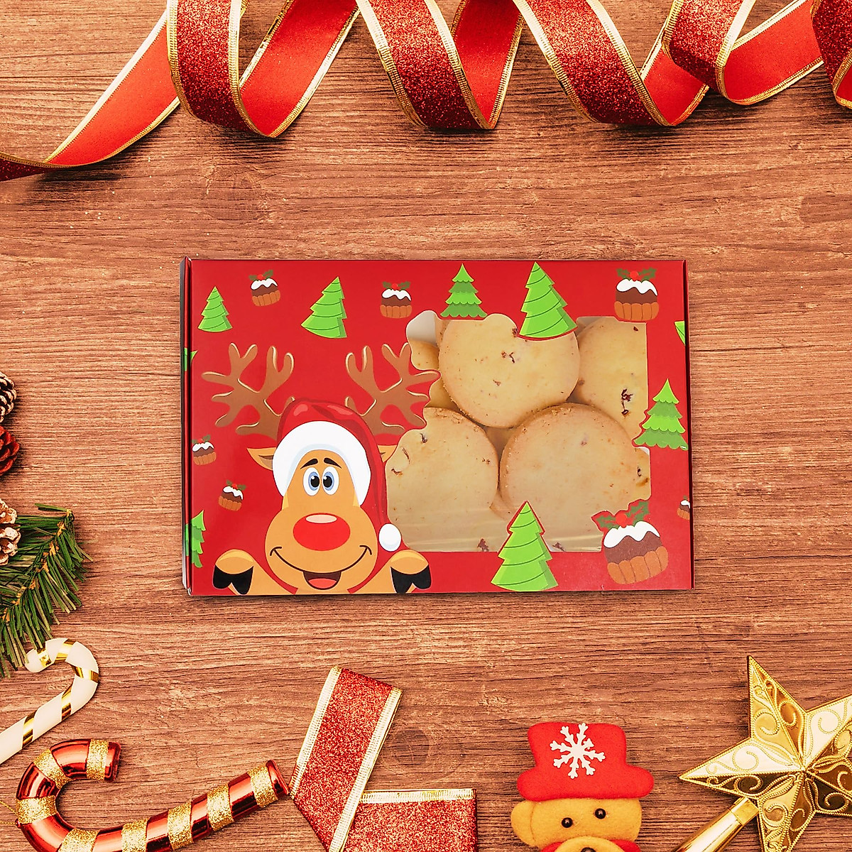 Joy Bang Christmas Cookie Boxes, 20 Pcs Holiday Candy Treat Box Containers with Window for Gift Giving, Santa Snowman Gingerbread Man Cookie Boxes