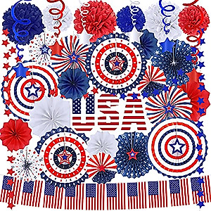 Bulk Patriotic Red White Blue Party Decoration Assortment American USA Flag Banner Star Garland Hanging Paper Fans Hanging Swirl Tissue Paper Pom Poms for 4th of July Independence Day Memorial Day
