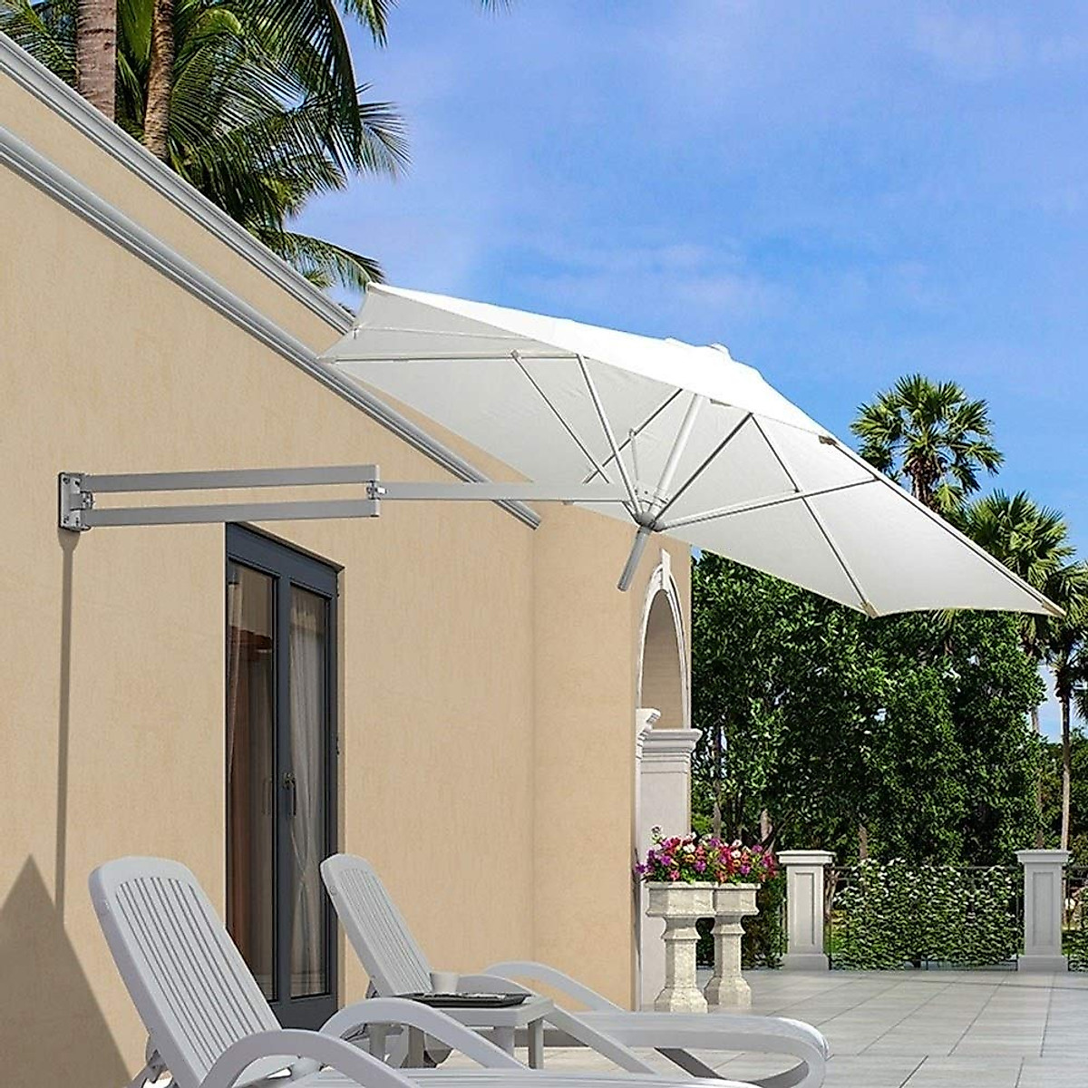 NOALED Parasols 8ft / 250cm Wall Balcony Patio Umbrella, Garden Wall Mounted Cantilever Tilting Sunshade Umbrella with Metal Pole