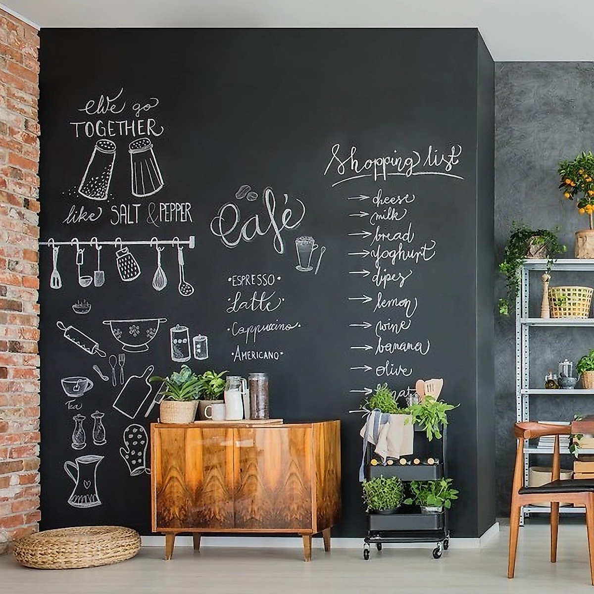 Chalkboard Wallpaper Stick and Peel: Contact Paper 17.7 X 78.7 Inches Classroom Chalkboard Stickers Chalk Board Paint Self Adhesive Wall Paper with 5 Colorful Chalks