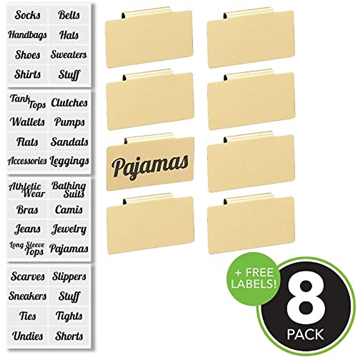mDesign Steel Clip-On Basket and Bin Tags for Closet Storage, Metal Hanging Holders for Cabinet, in-Drawer, Shelf, and Racks - Set of 8 + Adhesive Labels - Soft Brass