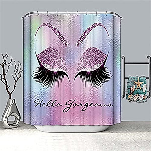Aoruisen 4PCS Bling Eyelashes Shower Curtains with Rugs Bath Mat Toilet Lid Cover and 12 Hooks Waterproof Glittering Eyes Bathroom Shower Curtain Set(Purple)