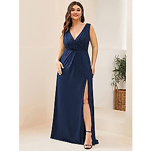 Ever-Pretty Women's Plus Size Double V Neck Sleeveless Open Back Summer Wedding Guest Dresses Navy Blue US14