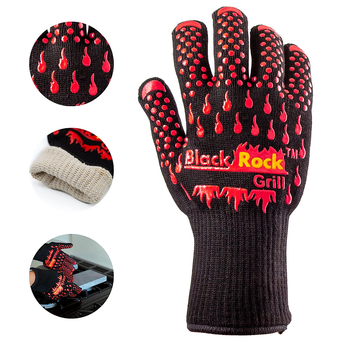 Black Rock Grill Fire & Heat Resistant Cooking Gloves 923F -28cm Silicone Safety Oven Mitts with Fingers- Gloves for Grilling, BBQ, Fireplace, Lava Stones, EN407,EN388, EN ISO 21420 Certified (Medium)