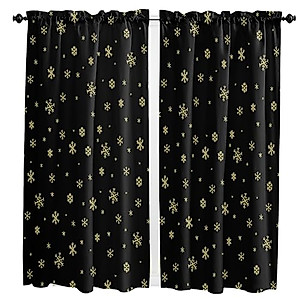 Gold Snowflakes Kitchen Curtains 63 Inch Length, Rod Pocket Light Filtering Window Curtains for Living Room Bedroom Drapes Cafe Curtains Window Treatment Seasonal Winter Christmas Black Backdrop