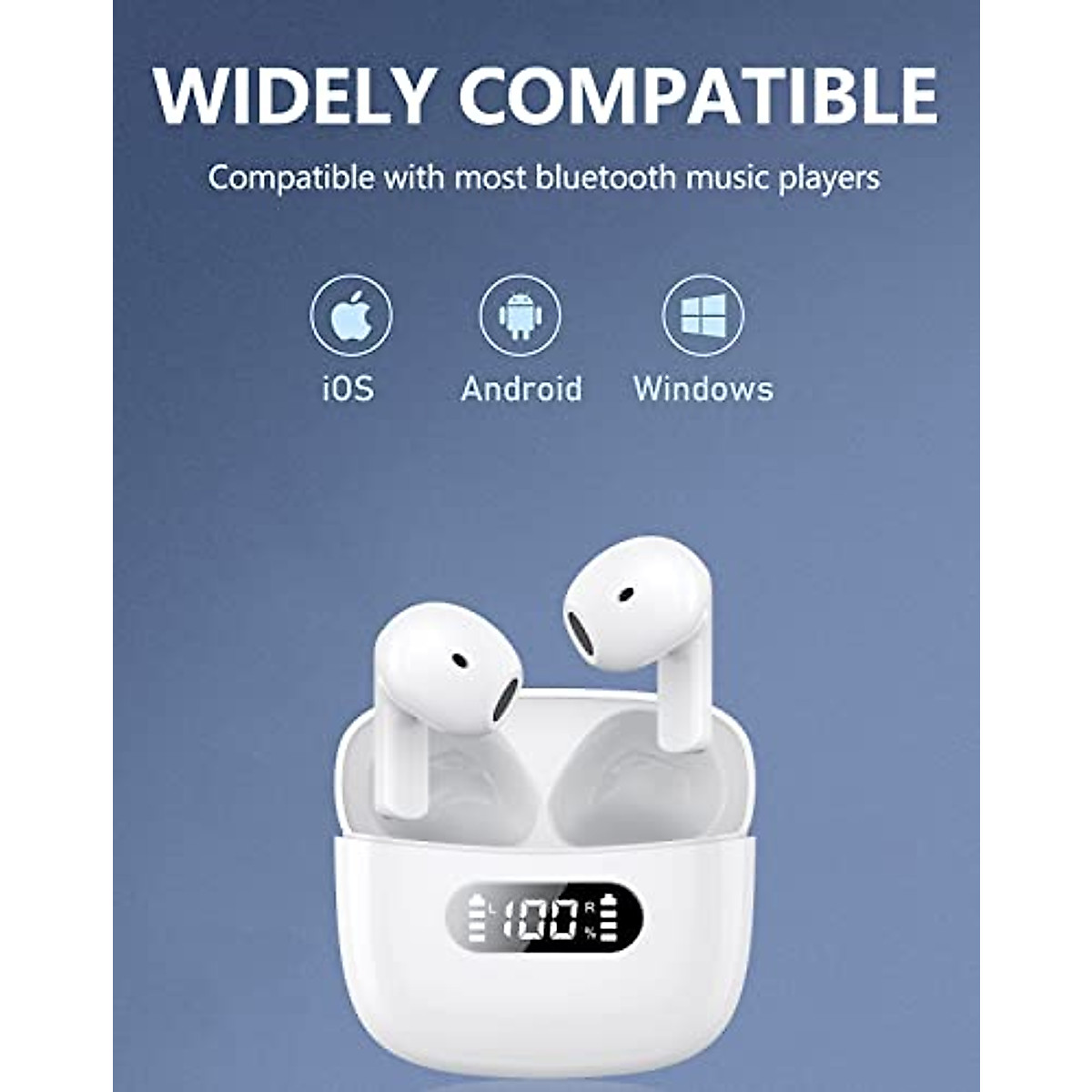 Bluetooth Headphones Wireless Earbuds for iPhone/Android, Noise Cancelling Immersive Waterproof Wireless Earphones with Charging Case Compatible with iPhone 14/13/12/11/SE/X/8/7/iPad/Android - White