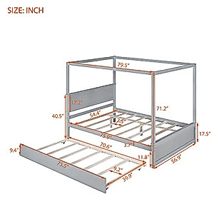 Bellemave Full Size Wood Canopy Bed with Trundle and Two Nightstands, 4-Post Platform Frame Headboard, 3 Pieces Bedroom Set (Brushed Gray) Full Canopy Bed+2 Nightstands