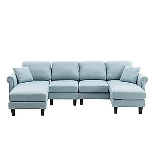 Sectional Sofa Set,Living Room Sofa Set Modular Sectional Sofa with Reversible Chaise,U-Shaped Sofa Sleeper with Ottoman,Multifunctional Sectional Couch for Living Room Apartment Office,Light Blue