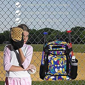 ZOEA Baseball Bat Bag Backpack, T-Ball & Softball Equipment & Gear for Youth, Large Capacity Holds 2 Bats, Helmet, Gloves, Cleats, Helmet Holder and Includes Fence Hook (Purple)