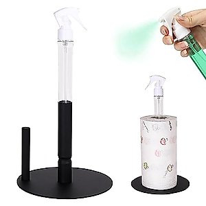 Paper Towel Holder with Spray Bottle, Stainless Steel Countertop Paper Towel Holder Stand with Sprayer Inside Center One-Handed Operation Kitchen Papertowels Roller with Non Slip Weighted Base