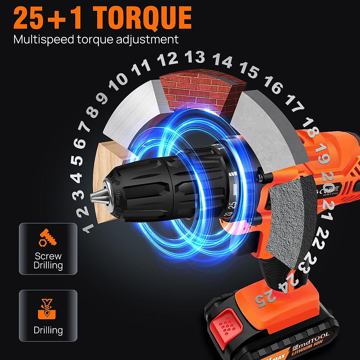 21V Cordless Drill, Electric Power Drill Set with Battery & Charger, 3/8” Keyless Chuck, 2 Variable Speeds, 398 In-lb Torque and 25+1 Position and 29pcs Drill/Driver Bits & LED Electric Drill Set
