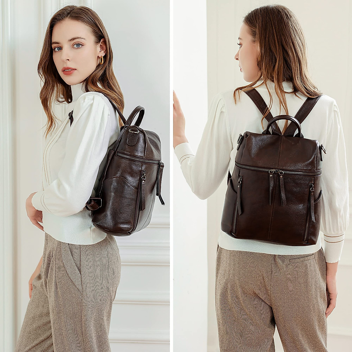 Iswee Genuine Leather Vintage Casual Daypack Backpacks Travel Essentials Anti-theft Work Fashion Backpack Purse for Women (Coffee)