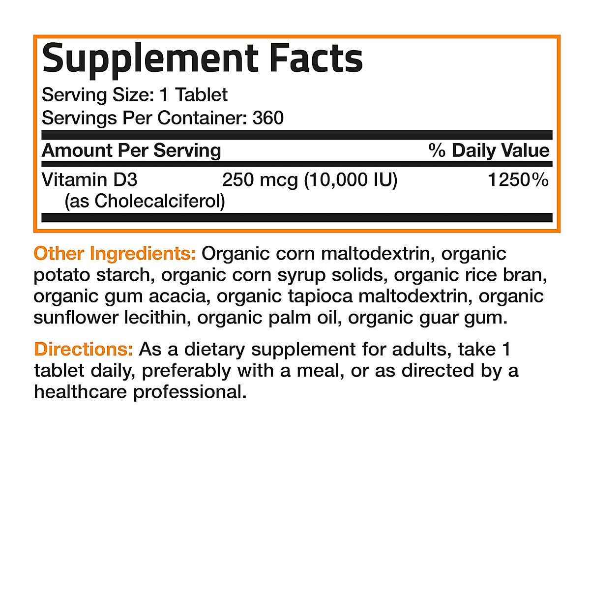 Bronson Vitamin D3 10,000 IU (250 mcg) Immune Support, Healthy Muscle Function & Bone Health, High Potency Organic Non-GMO Vitamin D Supplement, 360 Tablets