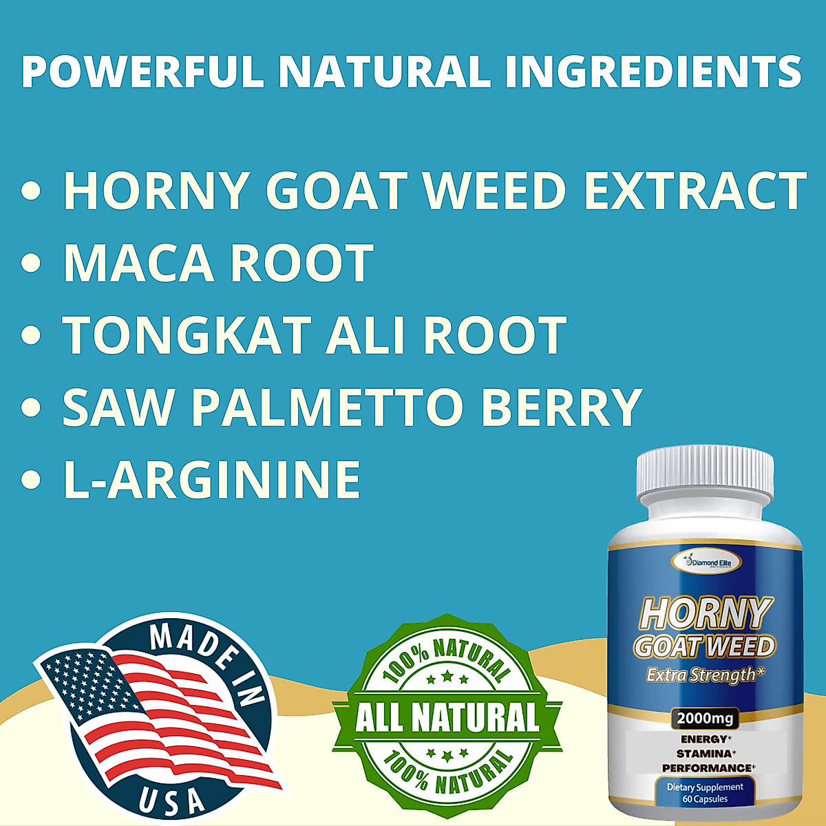 Diamond Elite Health Products Extra Strength Horny Goat Weed Extract - Energy, Performance, & Stamina Booster- with Maca, L-Arginine, Tongkat Ali for Men & Women - 60 Capsules