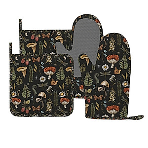 Mushroom Oven Mitts Pot Holders Set Silicone Vintage Magic Leaf Kitchen Gloves Potholders Heat Resistant for Chef Baking Cooking Grilling BBQ 4 Pack Mitt