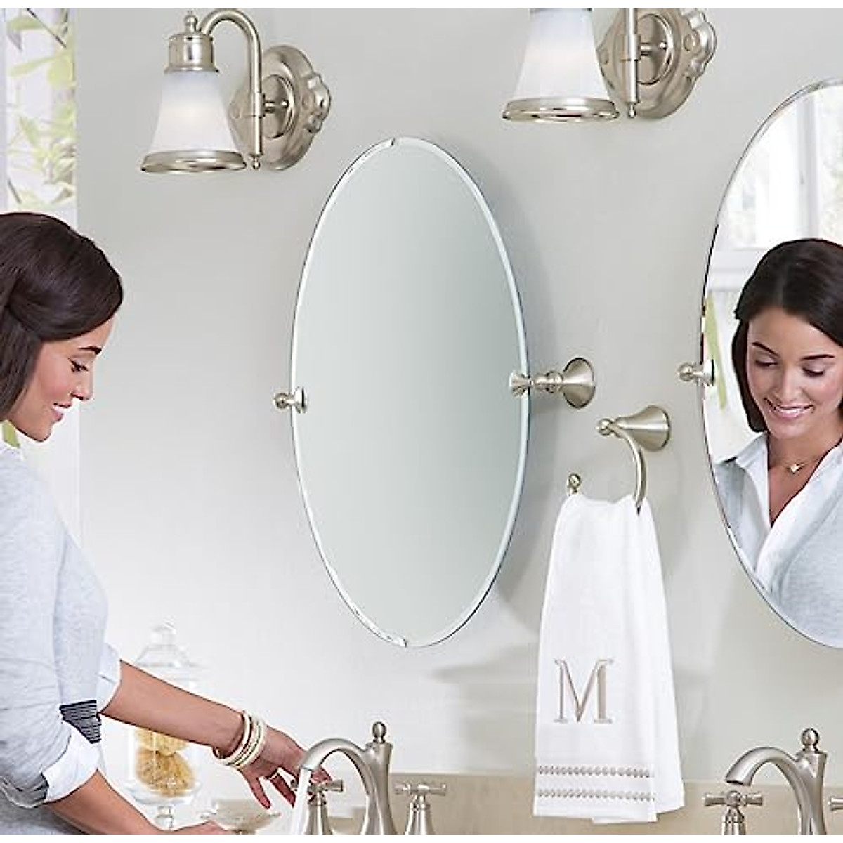 Moen Glenshire Brushed Nickel 26-Inch x 22-Inch Frameless Pivoting Bathroom Mirror, Oval Tilting Wall Mirror, DN2692BN