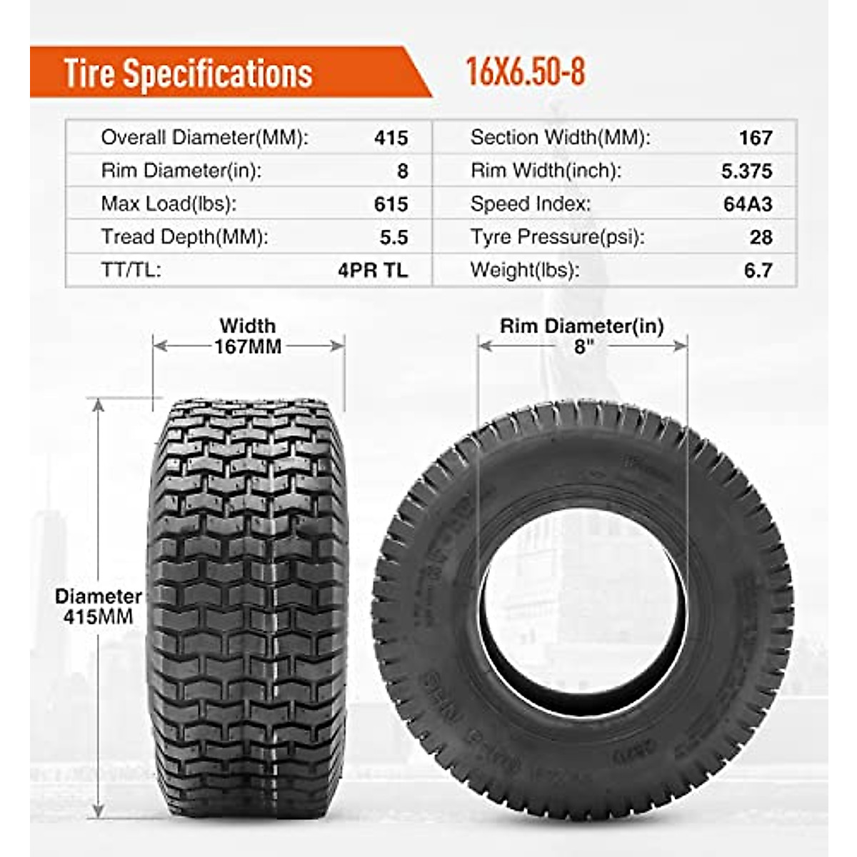 HALBERD 16x6.50-8 Turf Friendly Tire for Lawn & Garden Mower,16x6.5-8 Great Traction for Garden Tractors, Walk-behind Mowers, Turf Maintenance Vehicles, Golf Carts, Snowblowers, Utility Vehicles -LRB