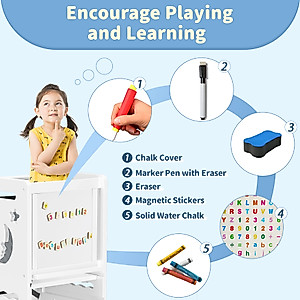 TOETOL Bamboo Toddler Kitchen Stool for Kids Step Stool - White Little Helper Tower Adjustable Height with Learning Black & White Activity Board1