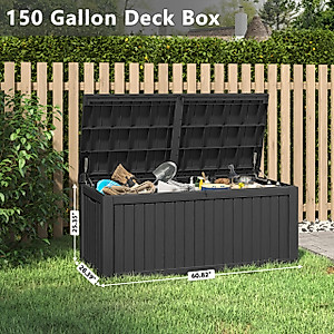 Esmlada Outdoor Storage Box, 150 Gallon Large Outdoor Resin Deck Box, Storage Outdoor Waterproof Boxes Lockable Lid for Garden Tools, Pool Supplies, Patio Furniture and Cushions, Black