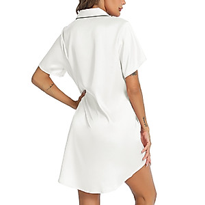 Senert Satin Nightgown For Women Short Sleeve Silk Nightshirt Button Down Pajamas Dress Boyfriend Sleepshirt White,Large