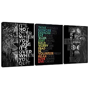 Motivational Office Wall Art Inspirational Canvas Wall Art Hustle Posters Wall Decor Entrepreneur Quote Wall Paintings Picture 3 Pieces Artwork for Bedroom Home Decor Wooden Framed (36”Wx16”H)