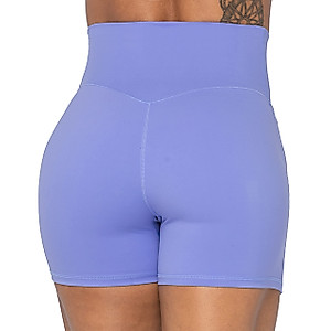 Sunzel Sunzfly Crossover Biker Shorts for Women, V Criss Cross High Waist Yoga Workout Gym Shorts with Tummy Control 4" Periwinkle Medium