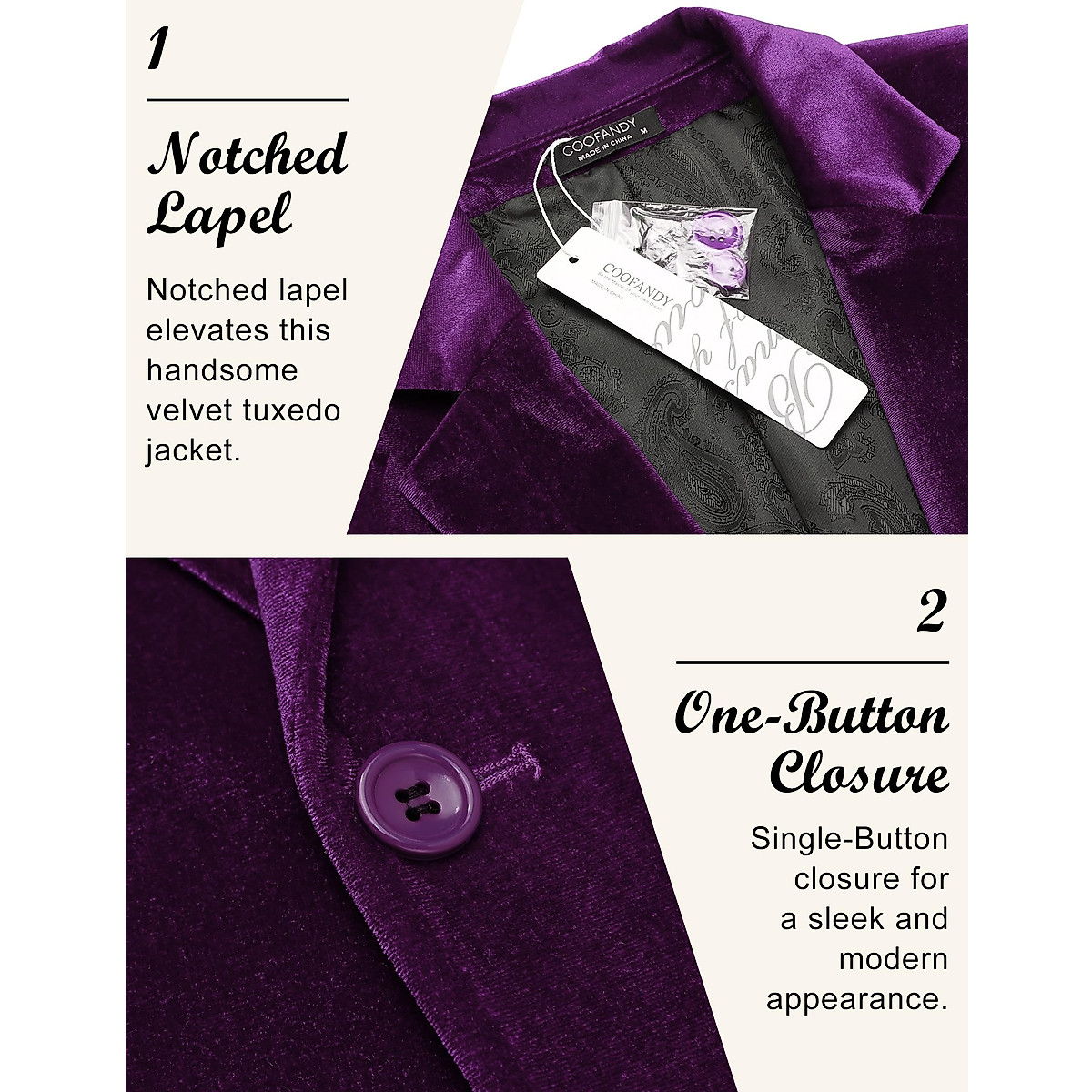 COOFANDY Velvet Tuxedo Jacket for Men Purple One Button Blazer Prom Party Jackets (Purple L)